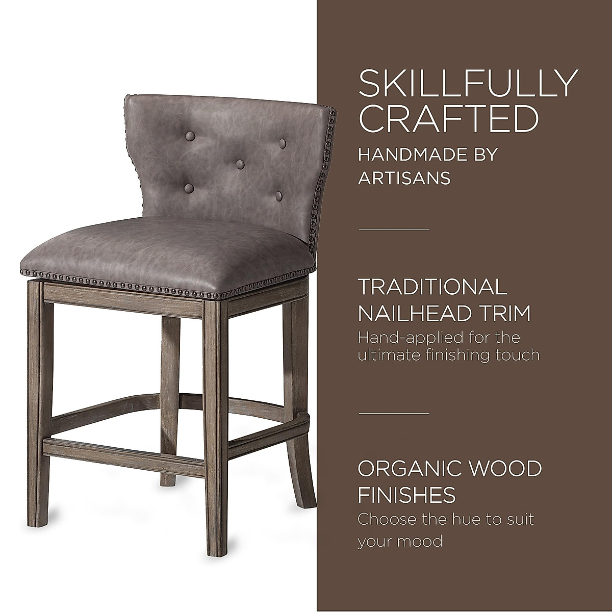 Maven Lane Hugo 26 Inch High Counter Height Barstool with Low Back in Reclaimed Oak Finish with Ronan Stone Vegan Leather Upholstered Seat