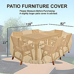 FDW Patio Furniture Covers Outdoor Patio Table Chair Sets Covers Rectangular Outdoor Patio Cover 600 * 300D Polyester Fabric Resistant UV Resistant Waterproof Dust Proof Garden, Khaki 128x82x23Inches