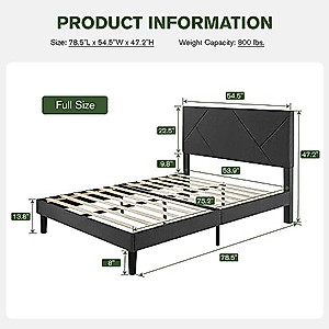 IMUsee Full Size Bed Frame, Upholstered Bed Frame with Geometric Headboard, Heavy Duty Mattress Foundation with Wooden Slats, Easy Assembly, Dark Grey