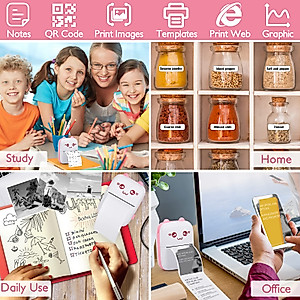 Eschen Pocket Mini Printer, Portable Printer with 6 Rolls Printing Paper for IOS Android Smartphone, Label Receipt Sticker Photo List Notes Inkless Printing Gift, Pink