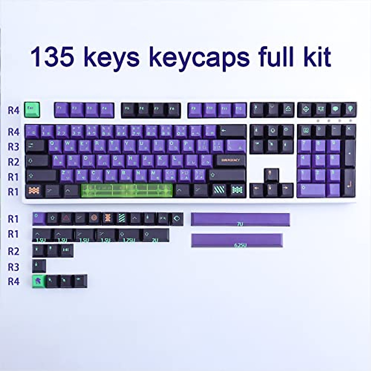 JOMKIZ PBT Keycaps,135 Keys Mecha Dye Sublimation Cherry Profile Keycaps with 7U Clear Spacebar Japanese Keycap Set for Cherry MX Switches US Layout Mechanical Keyboards