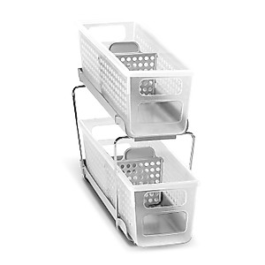 madesmart Mini 2-Tier Organizer, Multi-Purpose Slide-Out Storage with Handles and Dividers for Home and Bath, Frost