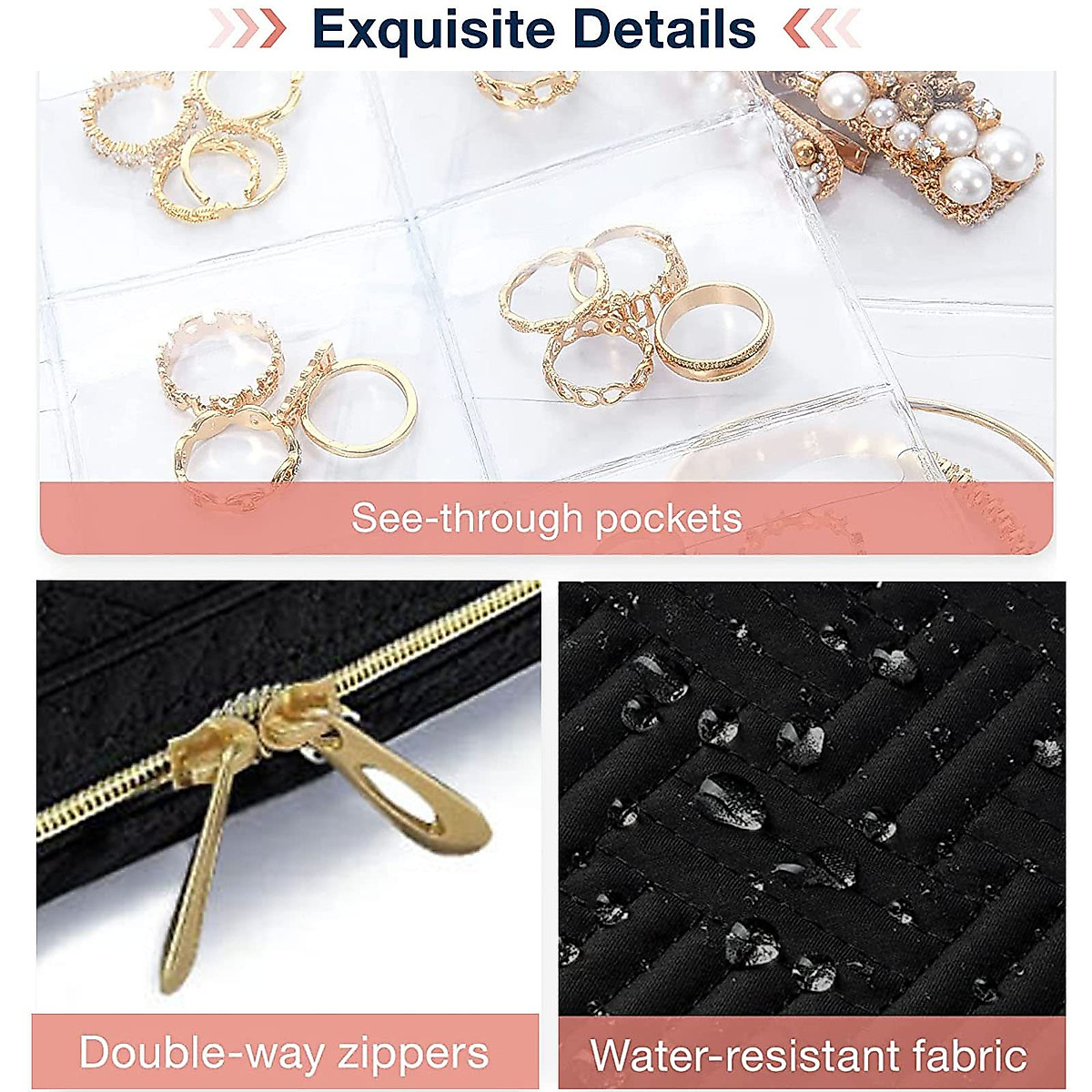 Travel Jewelry Organizer LAEDO Case Transparent Storage Book with Pockets Portable Bag Ring Binder Zipper Pouch for Necklace, Earrings, Rings, Bracelet, Black, One size