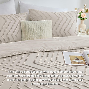 CozyLux Twin/Twin XL Size Comforter Set Beige - 1 Pieces Boho Tufted Shabby Chic Bedding Comforter Set for All Seasons, Chevron Bedding Sets with Comforter & 1 Pillow Shams