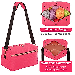 KGMCARE Crochet Bag Organizer, Yarn Storage Bag for Crochet Kits, Crochet Hooks, Needles and Accessories, Knitting Bag with Shoulder Strap for Carrying Project (Rose Pink)