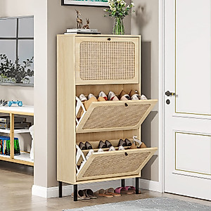 Sweiko 3 Flip Drawer Shoe Cabinet Natural Rattan Shoe Cabinet Organizer Freestanding Wooden Shoe Rack Storage Cabinet with Metal Legs for Entryway Hallway Bedroom Mudroom