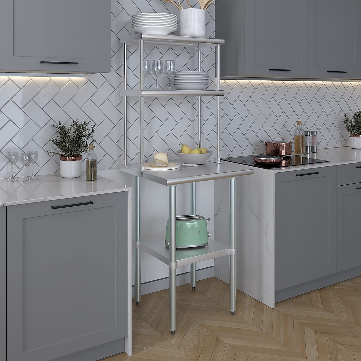 AmGood 24" x 24" Stainless Steel Work Table with 12" Wide Double Tier Overshelf | Metal Kitchen Prep Table & Shelving Combo