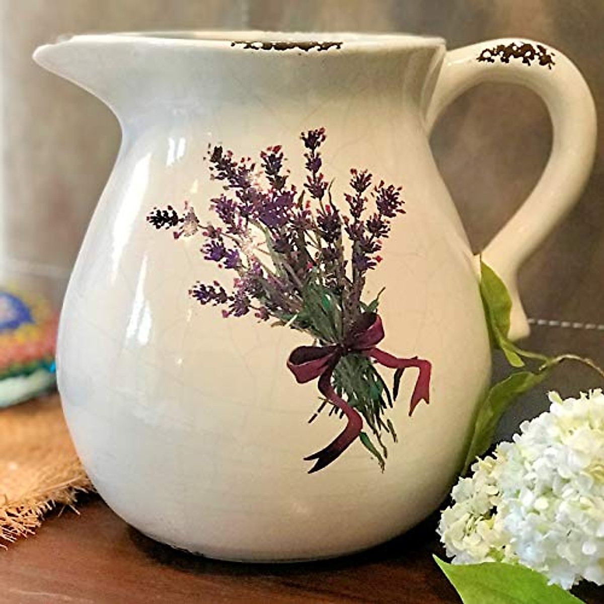 French Country Lavender Pitcher, Cottage Edition, Distressed Vintage Style, Rustic White, Worn Exposed Patches, 7 Inches Tall, Stoneware