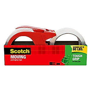 Scotch Tough Grip Moving Packaging Tape, 1.88" x 54.6 yd, Strong Hold on All Box Types Including Recycled, Secures Boxes up to 80 lbs, 3" Core, Clear, 2 Rolls with 1 Dispenser (3500-2-1RD)