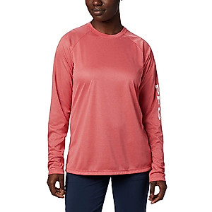 Columbia Women's PFG Tidal Tee Heather Long Sleeve Shirt, UV Protection, Moisture-Wicking, Winter Green Heather/White Logo, Medium