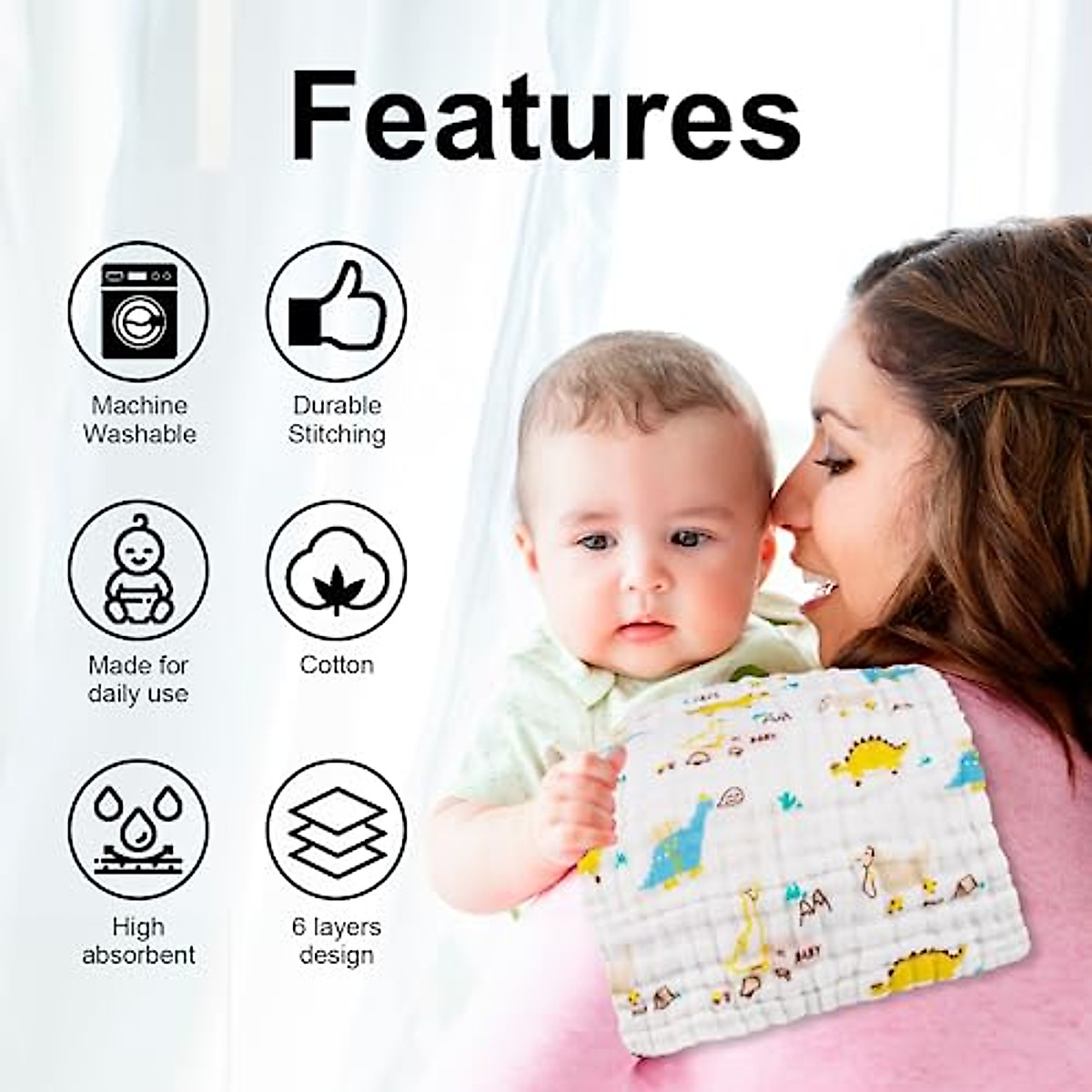 KOROTUS Muslin Burp Cloths Washcloths Face Towels 5-Pack Extra Large 10 X 20 Inch of Baby Burp Cloths 100% Organic Cotton 6 Layers Soft