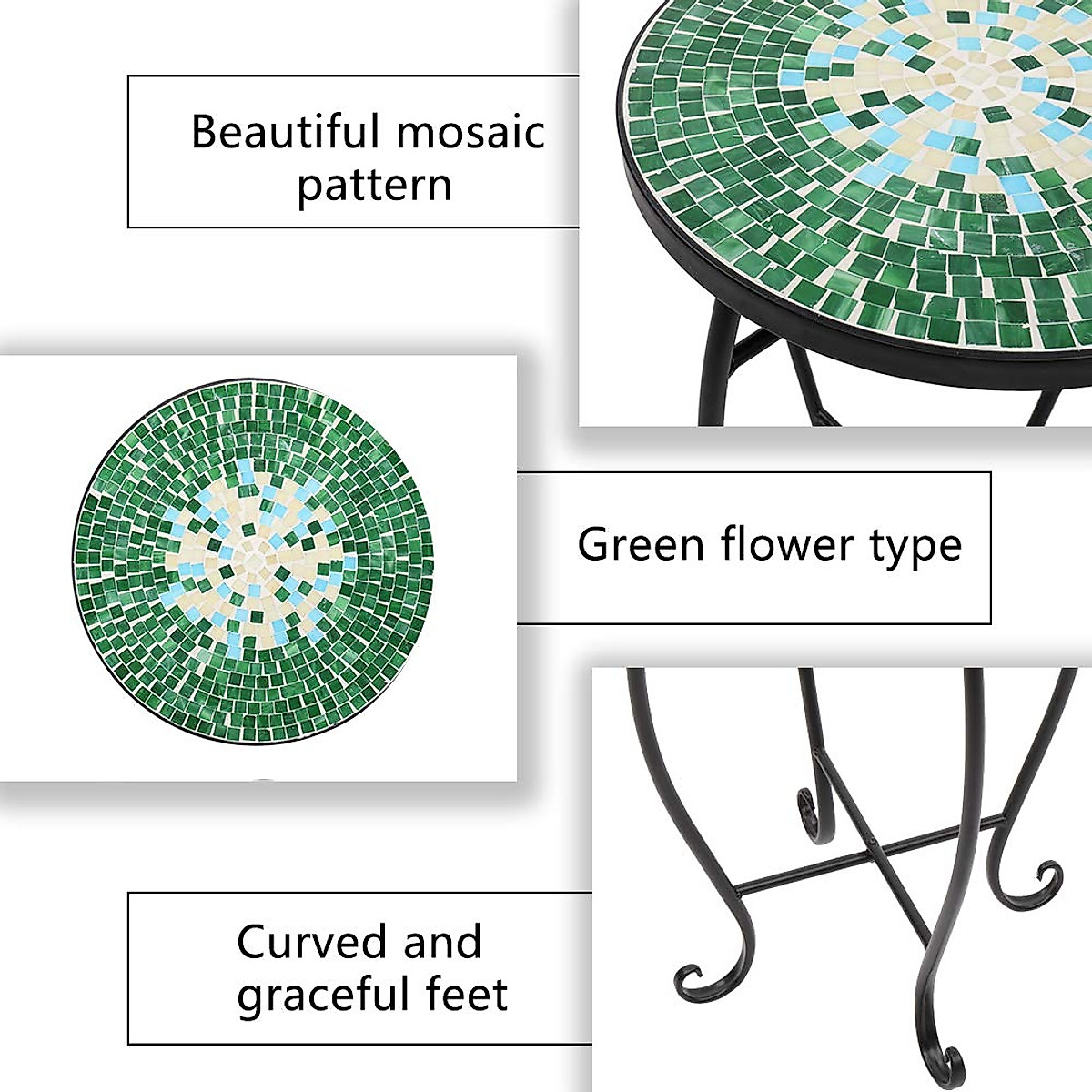 yzohu Birsppy Amuro Mosaic Accent Table Round Side Table, Wrought Iron Stained Glass Patio Flower Stand Outdoor Coffee End Table, Indoor Outdoor for Patio Lawn Garden Home (Green Surface)