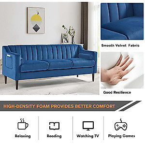 3 Seater Velvet Chesterfield Sofa, 77" Mid-Century Tufted Comfortable Upholstered Sofa Couch with Storage Side Pocket for Living Room Bedroom Office Apartment (Blue)