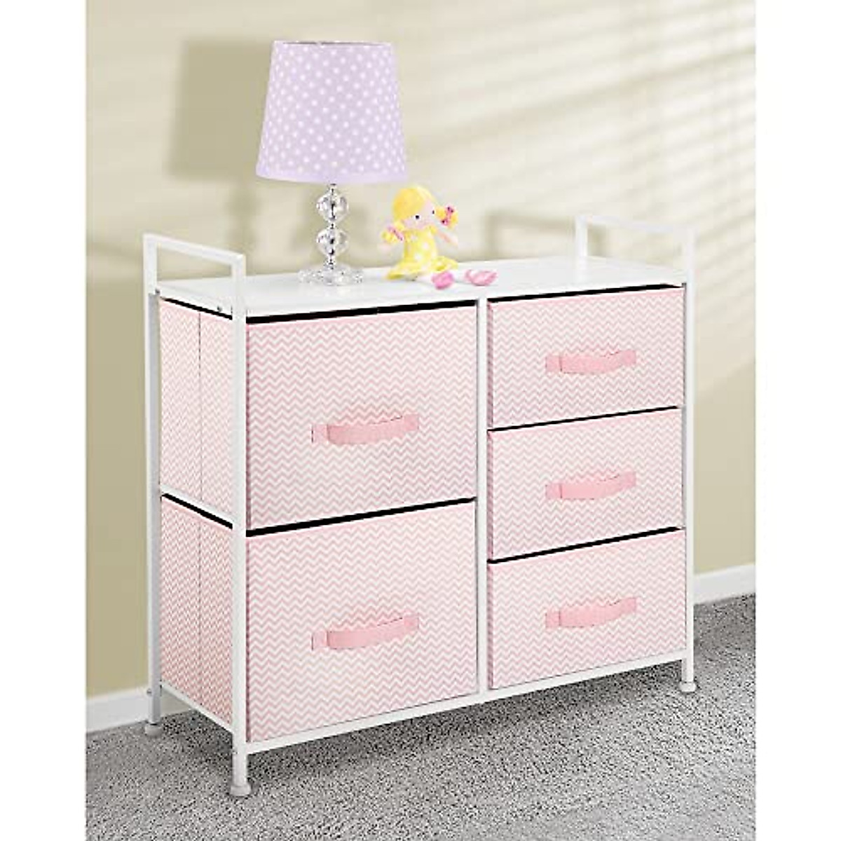 mDesign 30.03" High Steel Frame/Wood Top Storage Dresser Furniture Unit with 5 Removable Fabric Drawers - Tall Bureau Organizer for Bedroom, Living Room, Closet - Spira Collection - Pink/White