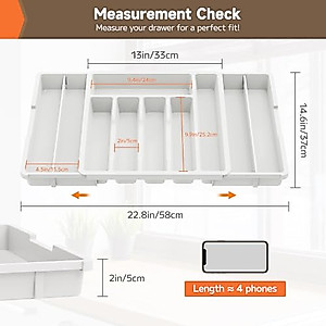 KreuRaxy Expandable Silverware Cutlery Utensil Organizer Tray for Kitchen Drawers, 13 to 22.8 Inch Adjustable Design with 2 Divider, Flatware Tableware Tray for Spoon Spatula Forks, Large, White