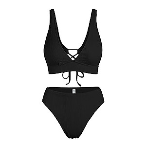 ZAFUL Womens High Waisted Bikini Set V Neck Crinkle Longline Plunge Triangle Bikini Two Piece Swimsuit Black