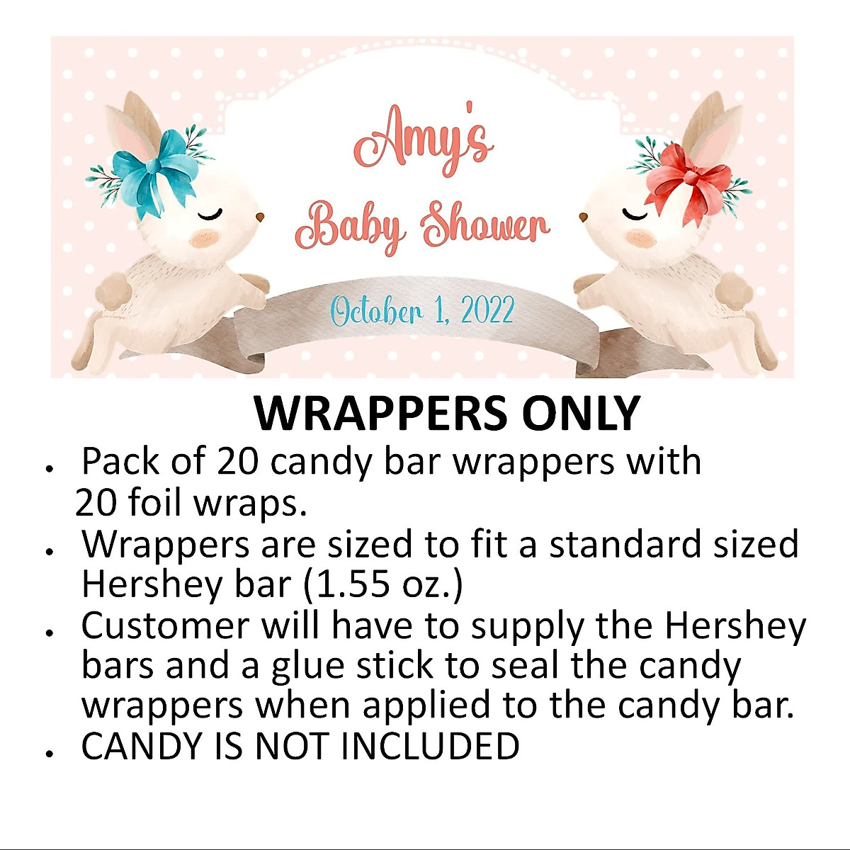 Baby Bunny Personalized Candy Bar Wrappers, Birthday Party Favors, Custom Chocolate Bar Labels, Pack of 20