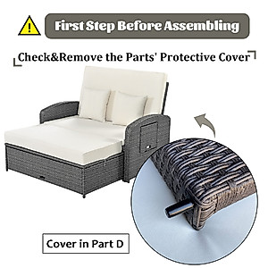 Merax Chaise Lounge Outdoor, Double PE Wicker Rattan Patio Reclining Chair, 2-Person Sunbed with 3 Adjustable Backrest & Free Furniture Protection Cover, 2-Piece, White