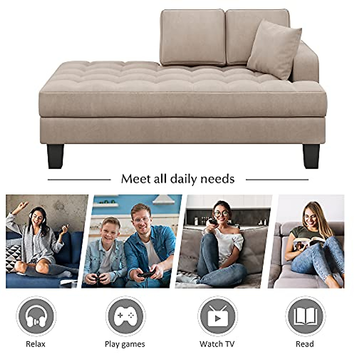 Merax 64" Modern Tufted Chaise Lounge with Toss Pillow Soft Linen Loveseat Sofa for Livingroom Bedroom Office Warm Grey Love Seats, 6431.533"(LDH)