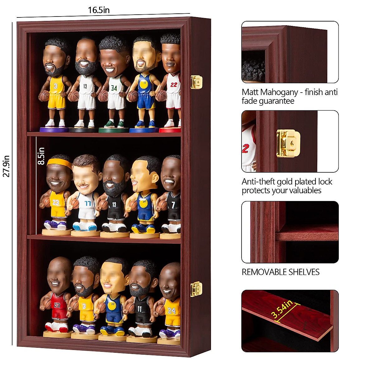 Zmiky Bobblehead Display Case Action Figure Display Case Bobble Head Shadow Box Wall Cabinet for 15 Figurines Display with Lockable Anti Fade Uv Protection for Bobble Head, Action Toy Figures,Mahogany