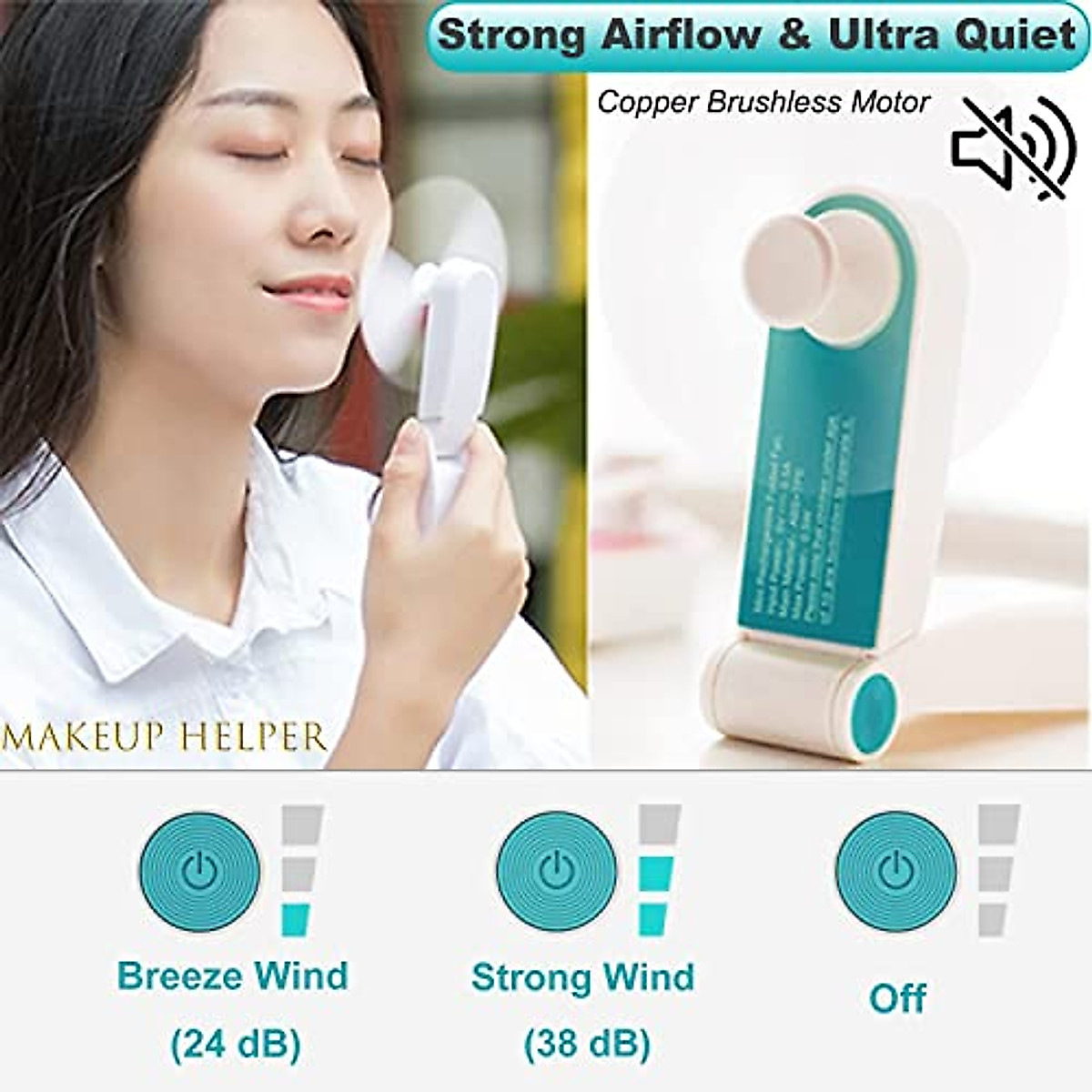 Supabear Personal Handheld Fan, Mini Portable Pocket Fan, Small Travel Eyelash Fans USB Rechargeable for Home Sports Outdoor Travel, 2 Speed Powerful Wind (Turquoise)