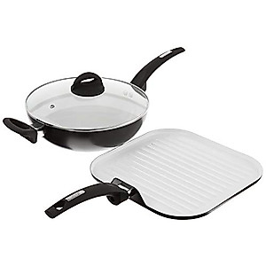 Oster Herstal Aluminum Cookware Set with Ceramic Non-Stick and Soft Touch Bakelite Handle with Tempered Glass Lids, 11-Piece, Black w/White Interior