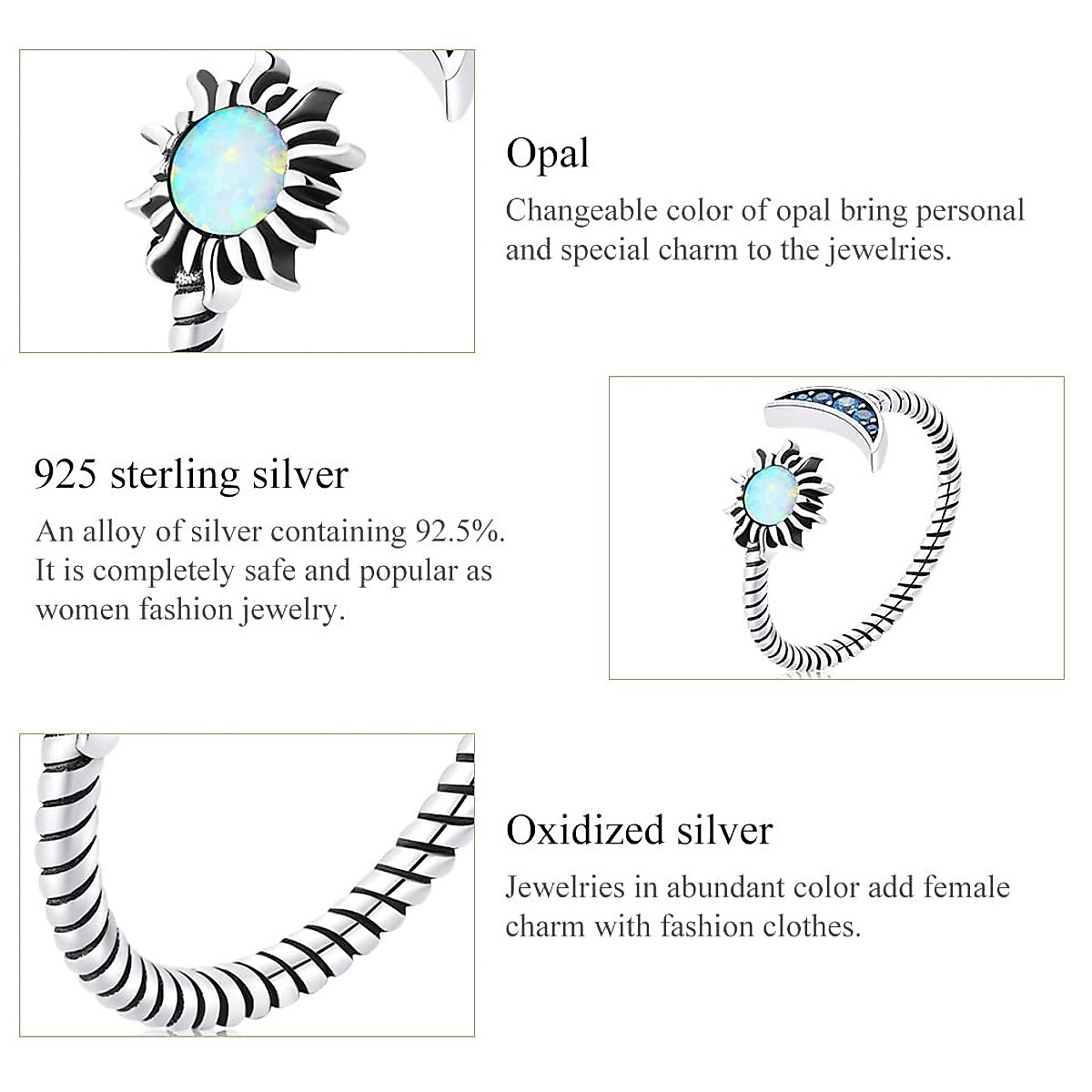 MUNDELL 925 Sterling Silver Big Opal Star and Moon Open Ring for Women Vintage Twisted Adjustable Stackable Ring Dazzling Statement Ring Fine Jewelry