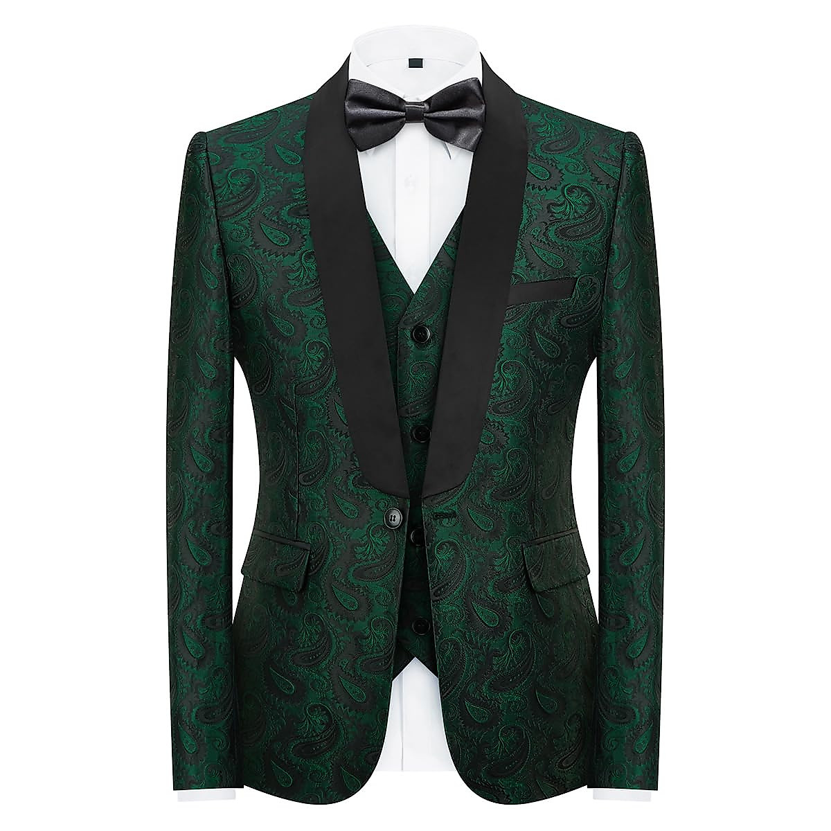 Mens Suits 3 Piece Slim Fit Tuxedo for Men Paisley Suit Prom Tux Shawl Lapel One Button Blazer Vest Pants Set Green