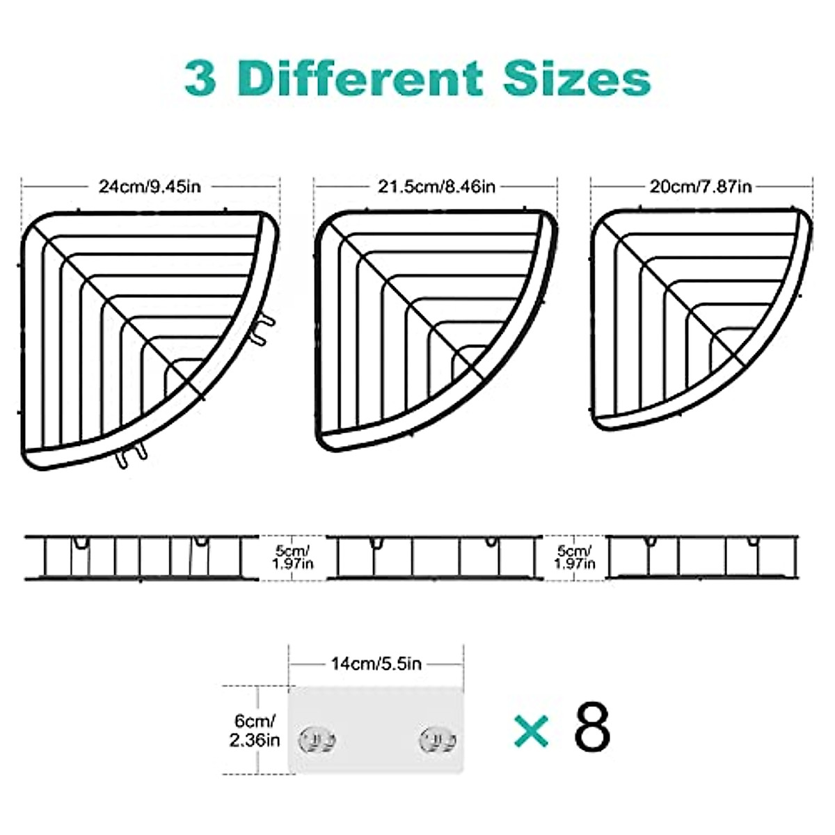 AXTEE Corner Shower Caddy, Shower Shelf with Hooks, 3 Pack Shower Organizer Storage - SUS304 Stainless Steel Bathroom Shower Organizer for Bathroom, Toilet, Kitchen and Dorm - Black