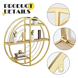 Floating Shelves for Wall,Round Metal Wall Mount Display Organizer Holder Circle Rustic Retro Decorative Wood Shelves Wall Mounted for Living Room Bathroom Bedroom Kitchen Office (Gold&Beads, XXL)
