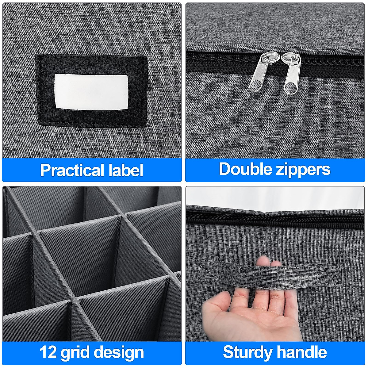 Wine glass Storage Box with Divider - China Storage Containers Hard Shell Stemware Storage Bins with Lids Holds 12 Wine Glass or Crystal Glassware Case, Stackable with Label Window (Dark Grey)