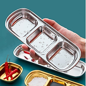 SOUJOY 4 Pcs Stainless Steel Sauce Dish, Divided Seasoning Sauce Dip Bowl, 1/2/3/4 Compartment Korean Ketchup Sauce Bowl, Vinegar Soy Spice Condiment Tray for Home Restaurant