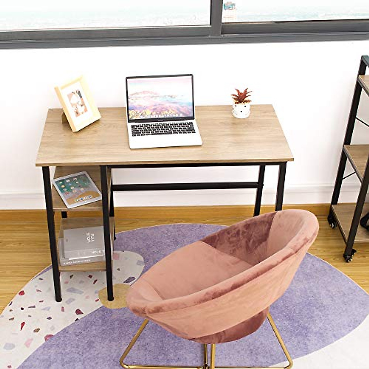 Coral Flower Landisl Desk,Simple and Modern Design,with Two Open Shelves for Books, Office Supplies or Accessories Within Easy Reach，Light Oak