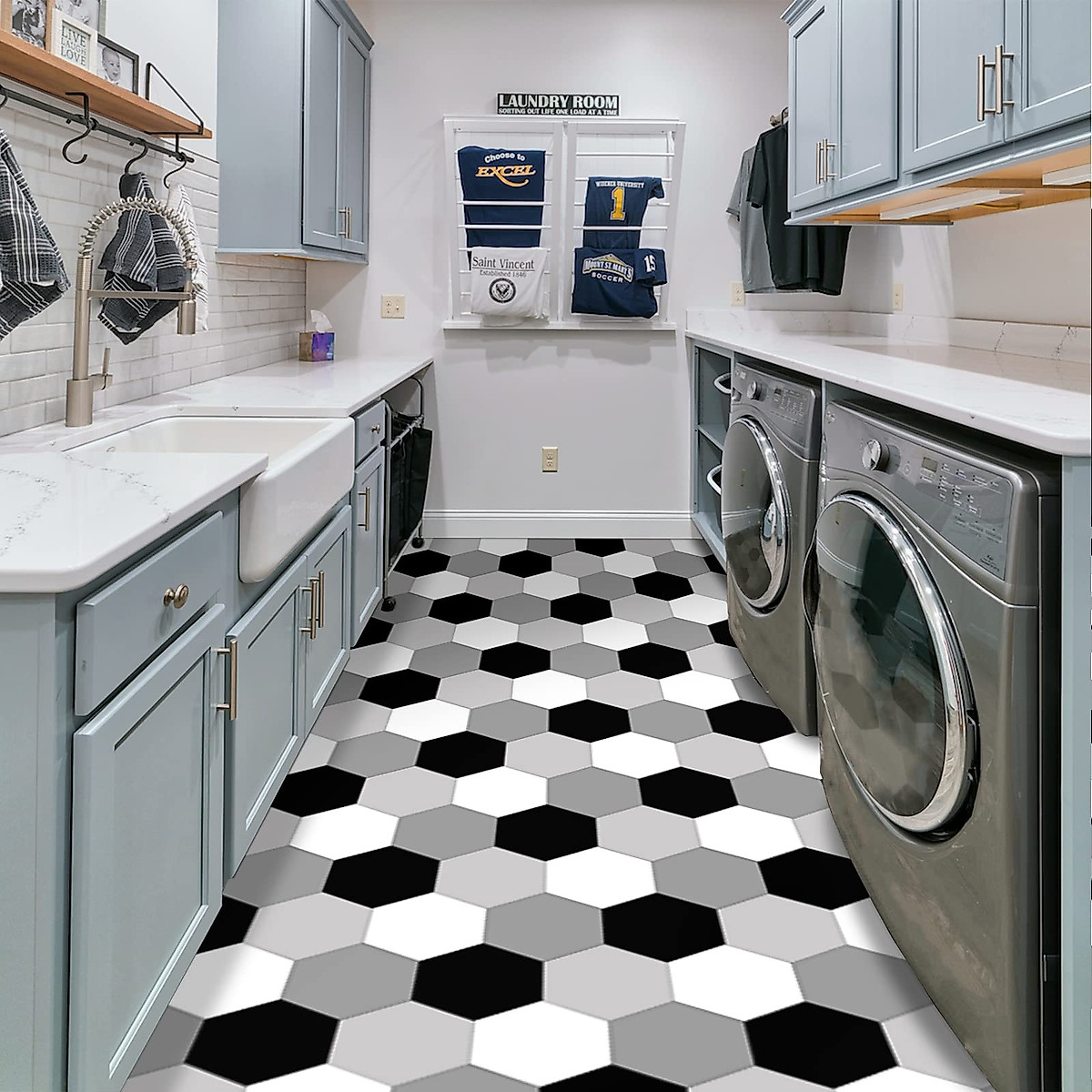 Vinyl Flooring Hexagon Tiles, Peel and Stick Floor Tile, 0.027 Inch Thick, Waterproof Self-Adhesive Floor Tile DIY for Bathroom Kitchen, Four Color (Covered 7.4 Sq.Ft /20 Pcs)
