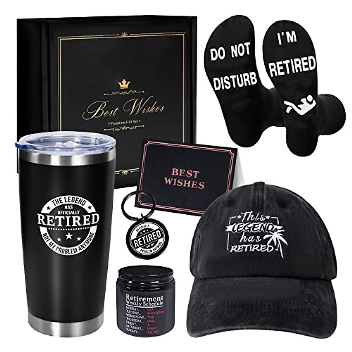 Retirement Gifts for Men, Funny Retired Presents Include Insulated Tumbler Baseball Cap Socks Keychain Scented Candle with Gift Box for Dad, Coworkers, Friends, Retired People