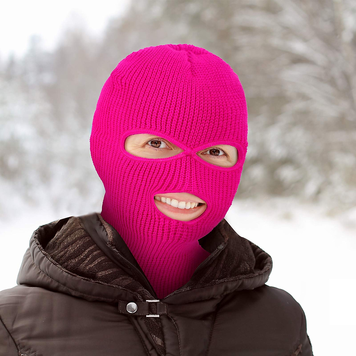 2 Pieces 3-Hole Ski Mask Knitted Face Cover Winter Balaclava Full Face Mask for Winter Outdoor Sports (Pink, Rose Red)