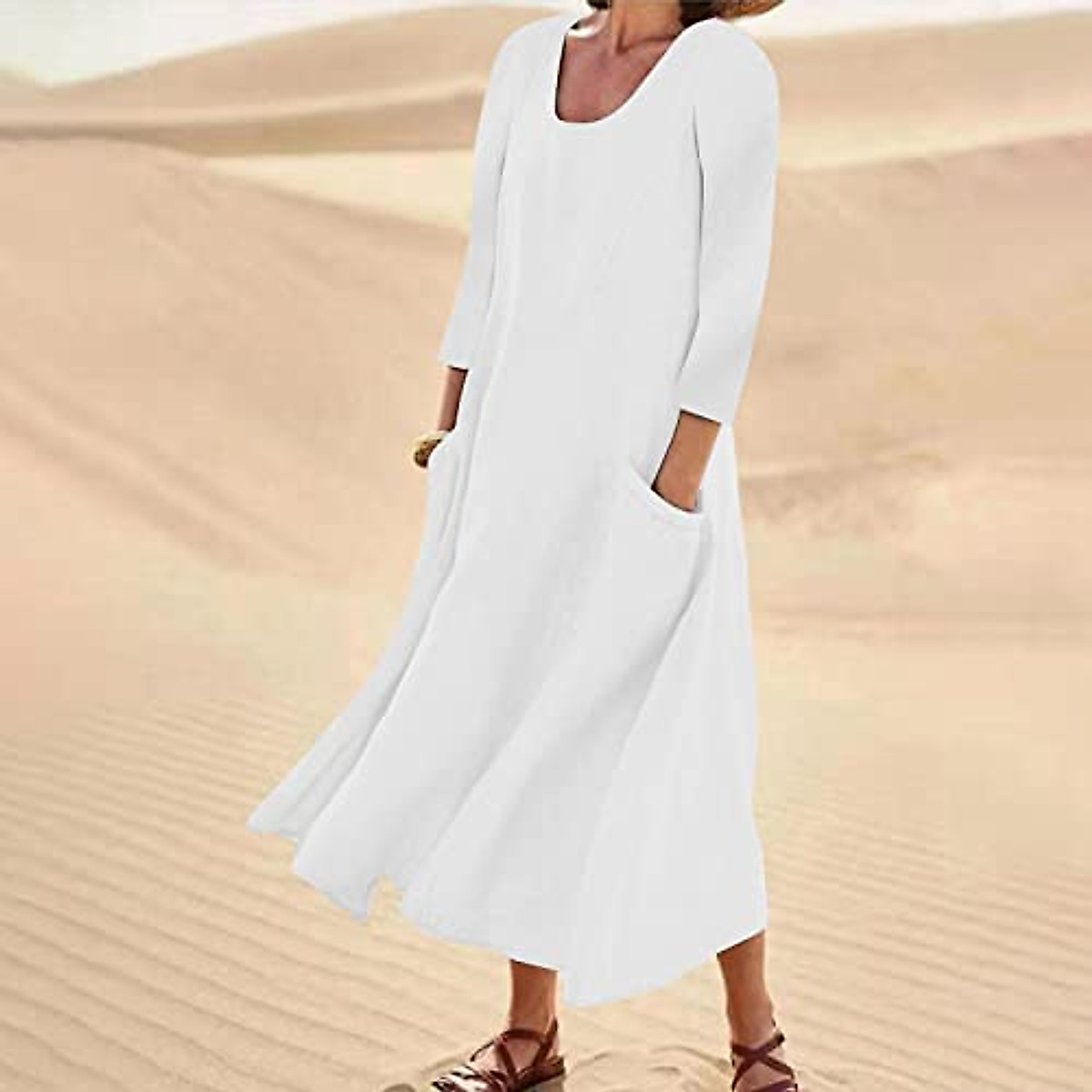 Maxi Dress, High Low Dress for Women Wedding Dresses with Long Sleeves Women's Fashion Casual Solid Colour Sleeveless Cotton Linen Pocket Dress Casual Color Three-Quarter Sleeve (XXL, Z-White)
