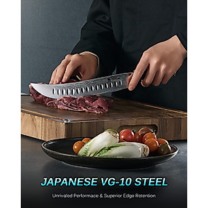 KYOKU 10" Scimitar Knife, Gin Series Cimitar Breaking Knife with Silver PVD Coating Damascus Blade, Japanese VG10 Stainless Steel Butcher Knife, Full Tang Brisket Kitchen Knife with Sheath & Case