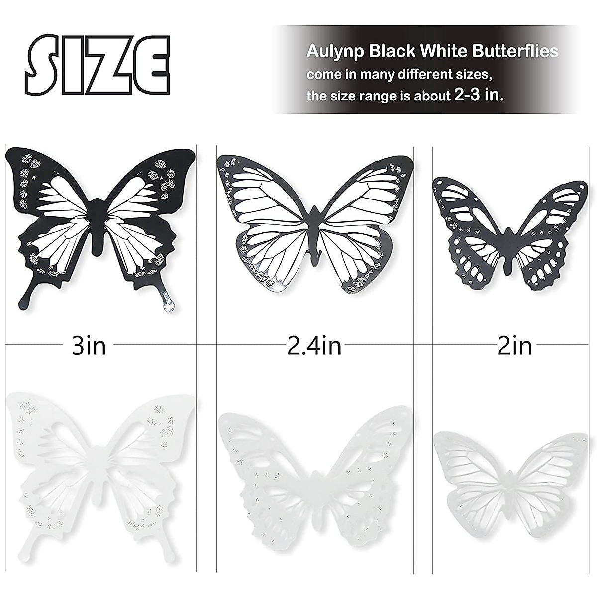 36 PCS 3D Colorful Crystal Butterfly Wall Stickers with Adhesive Art Decal Satin Paper Butterflies Baby Kids Bedroom Home DIY Decor Removable Sticker (Black and White)