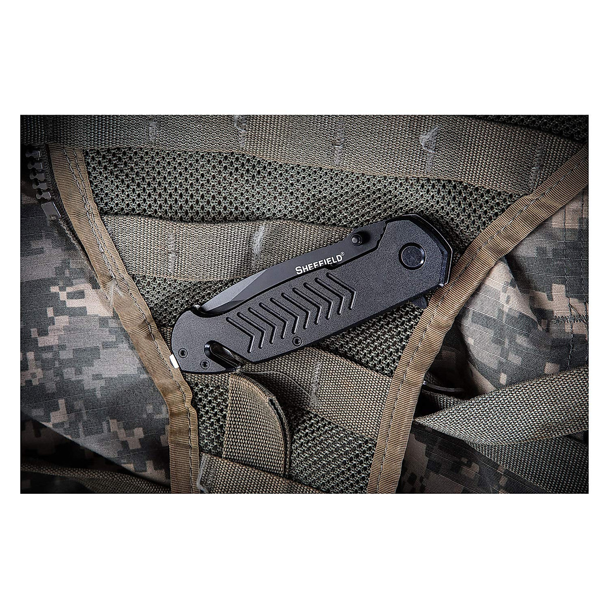 Sheffield 12870 Moab 3.5 Inch Emergency Folding Knife, Partially Serrated Drop Point Blade, Belt Cutter, Glass Breaker, Tactical EDC Pocket Knife