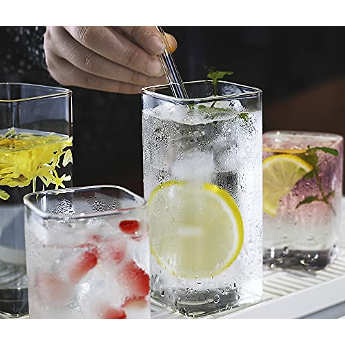 LUXU Drinking Glasses 13 oz,Thin Square Glasses Set of 4,Elegant Bar Glassware For Water,Juice,Beer, Drinks,and Cocktails and Mixed Drinks,Lead-Free Square Glass,Glass Drink Tumblers