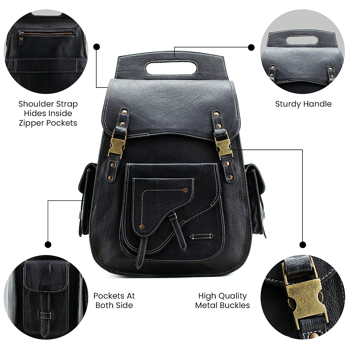Handmade World Vintage Full Grain 18 Inch Black Leather Laptop Large Backpack Casual Bookbag Daypack Camping Travel Rucksack Knapsack