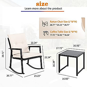 JAMFLY 3-Piece Patio Rocking Bistro Set, Outdoor Wicker Furniture Balcony Porch Chairs Conversation Sets with Glass Coffee Table (Beige)