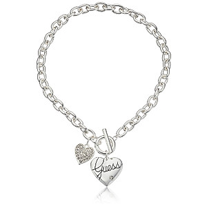 GUESS "Basic Silver Logo Heart and Pave Heart Toggle Pendant Necklace