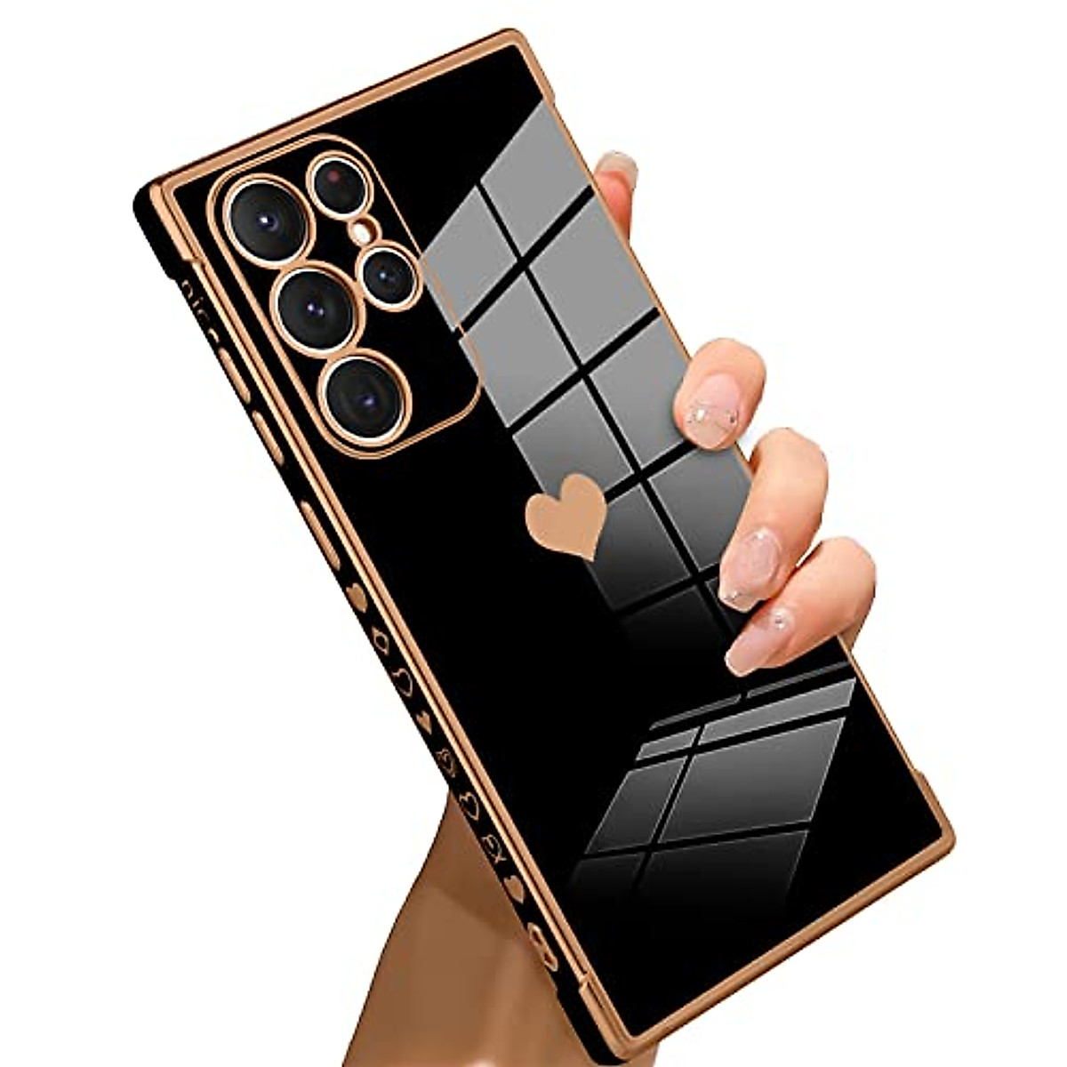 Bonoma Compatible with Samsung Galaxy S22 Ultra 5G Case Love Heart Plating Electroplate Luxury Elegant Case Camera Protector Soft TPU Protective Corner Back Cover Galaxy S22 Ultra 5G Case -Black