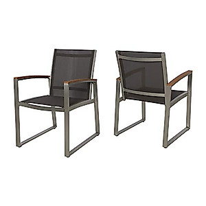 Aubrey Patio Dining Chairs - Aluminum - Outdoor Mesh Seats - Faux Wood Arms - Set of 2 - Silver with Gray and Natural Finish