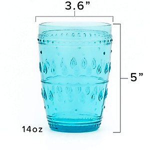 Euro Ceramica Fez Collection Drinkware and Glasses, 14oz Highball Set of 4, Teardrop Mandala Design, Turquoise