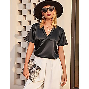 Ekouaer Womens Satin Sleepwear 2 Piece Pajamas Silk Pjs Short Sleeve Top and Loose Shorts Nightwear with drawstring Black