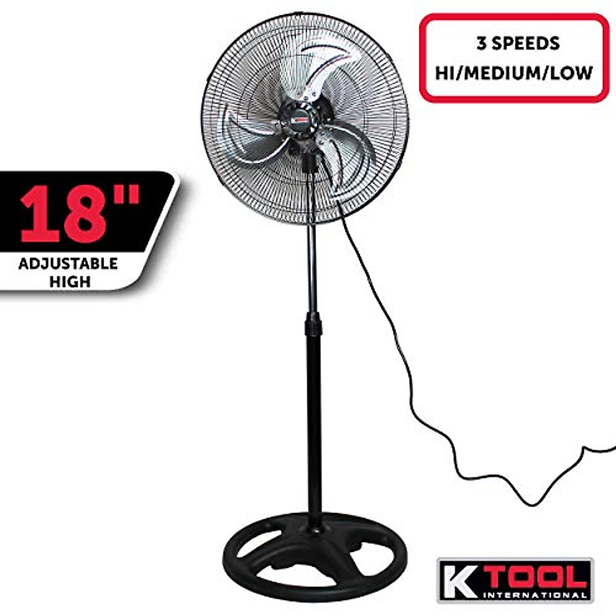 K Tool International 77733; 18 Inch Pedestal Fan; For Commercial and Residential Use, 3 Speed Motor, Wide Fan Blades Designed for Quiet Operation, Adjustable Height Pedestal, 1,810 Max CFM, Black