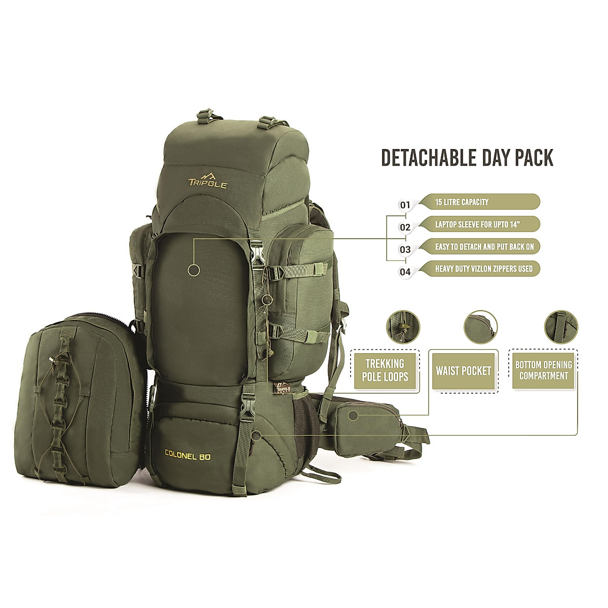TriPole Colonel 85 litres Rucksack + Detachable Day Pack, Digital Camouflage